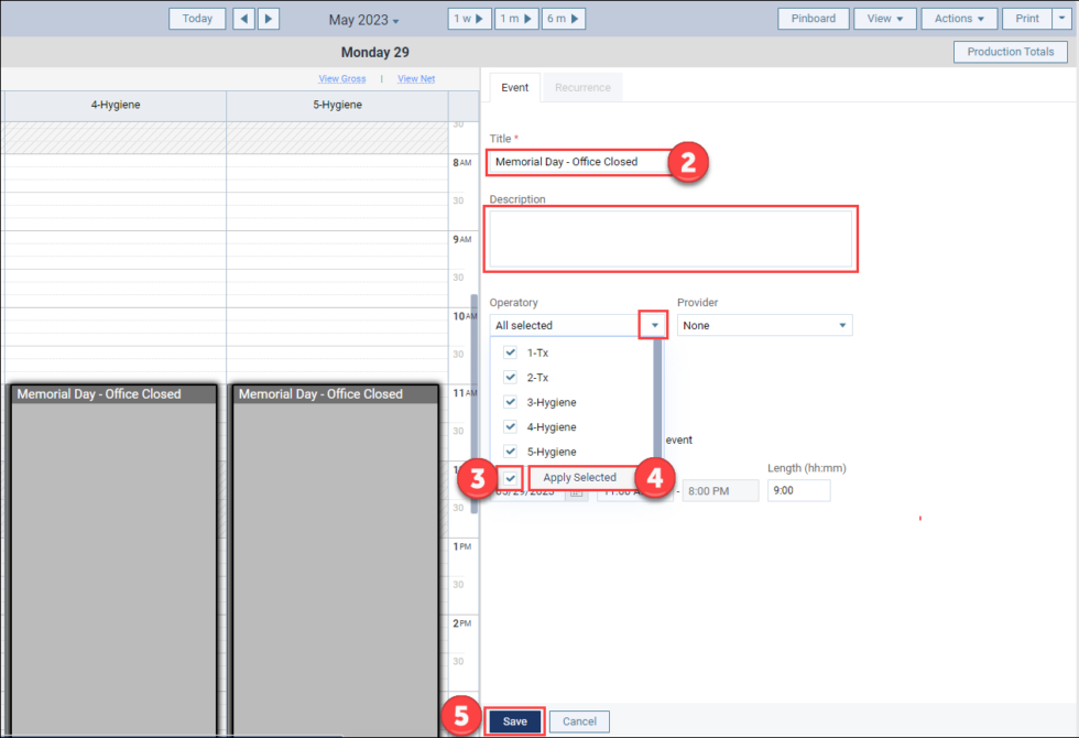 Selecting All Operatories When Scheduling an Event | Dentrix Ascend
